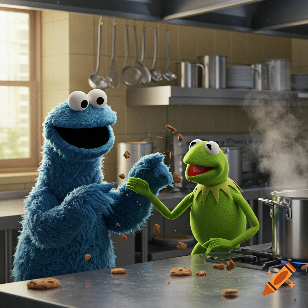Elmo, a pirate carrot, and a celery stick in a kitchen explain chewing ...