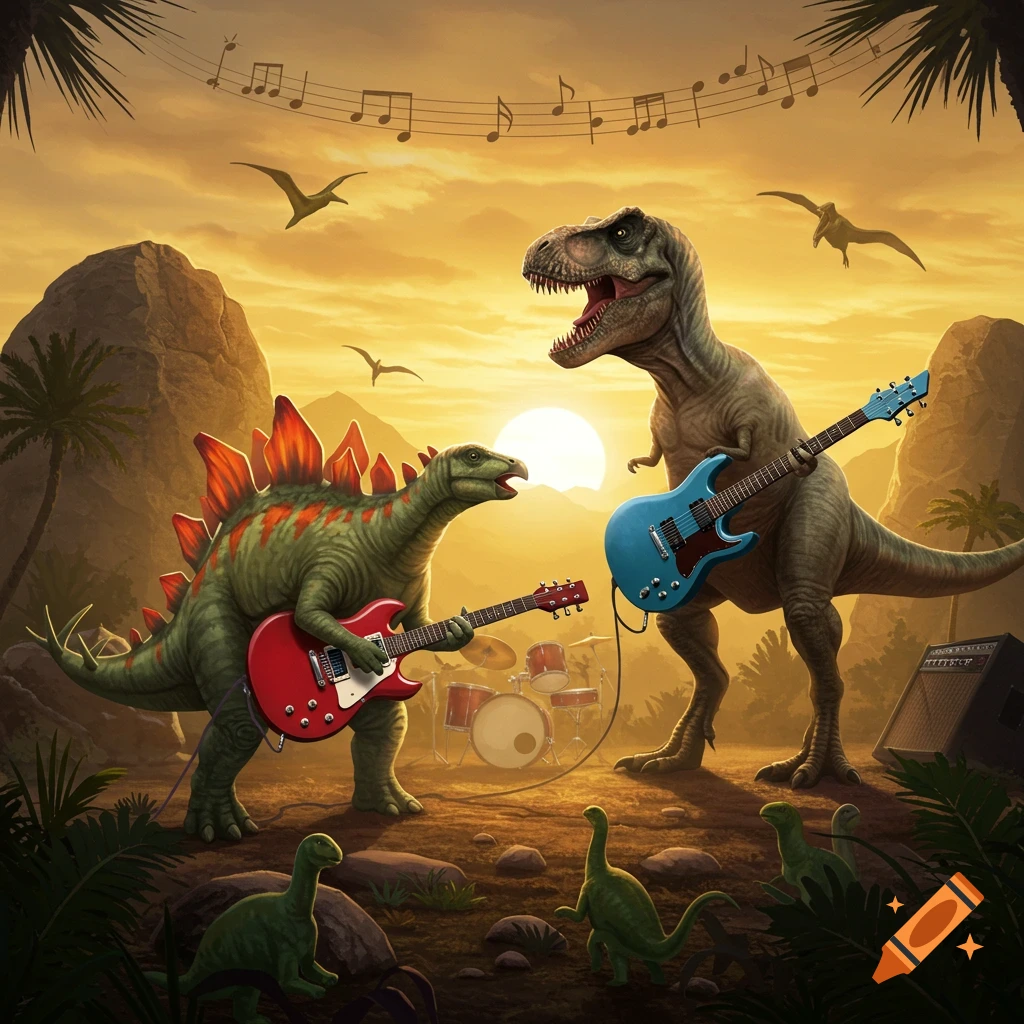 Stegosaurus and T-Rex play electric guitars with a drum set at sunset ...