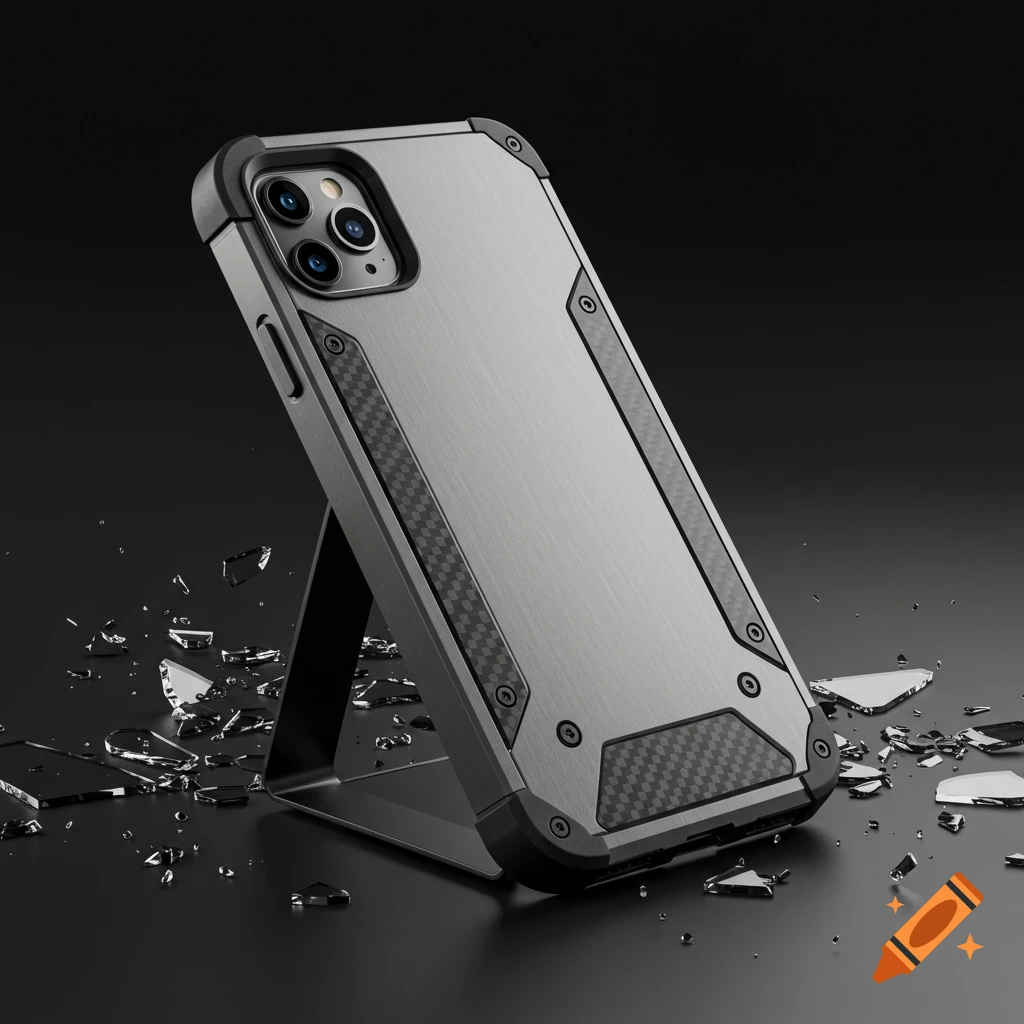 Angled close-up of a rugged silver and black smartphone case with ...
