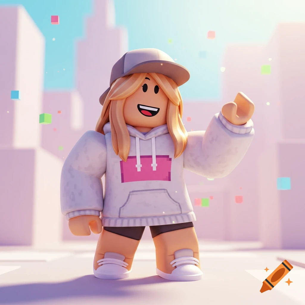 A smiling girl Roblox avatar in a white hoodie and baseball cap stands ...
