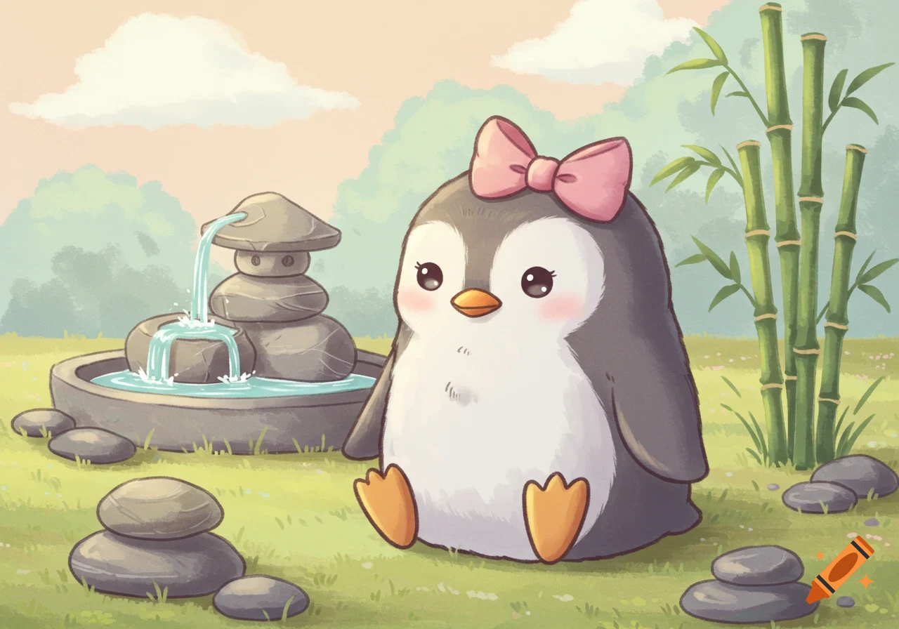 Cute pudgy cartoon penguin with a pink bow sitting in a zen garden with ...