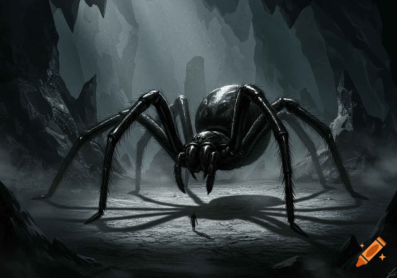 Photorealistic image of a half-human, half-spider creature with exposed ...