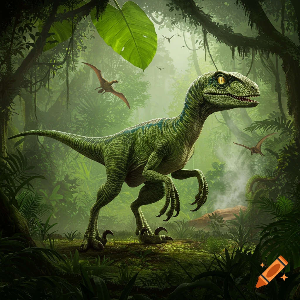 Feathered velociraptor in the Mongolian desert on Craiyon