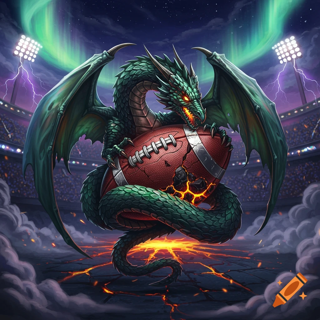 A powerful green dragon with glowing eyes clutches a fiery, cracked ...