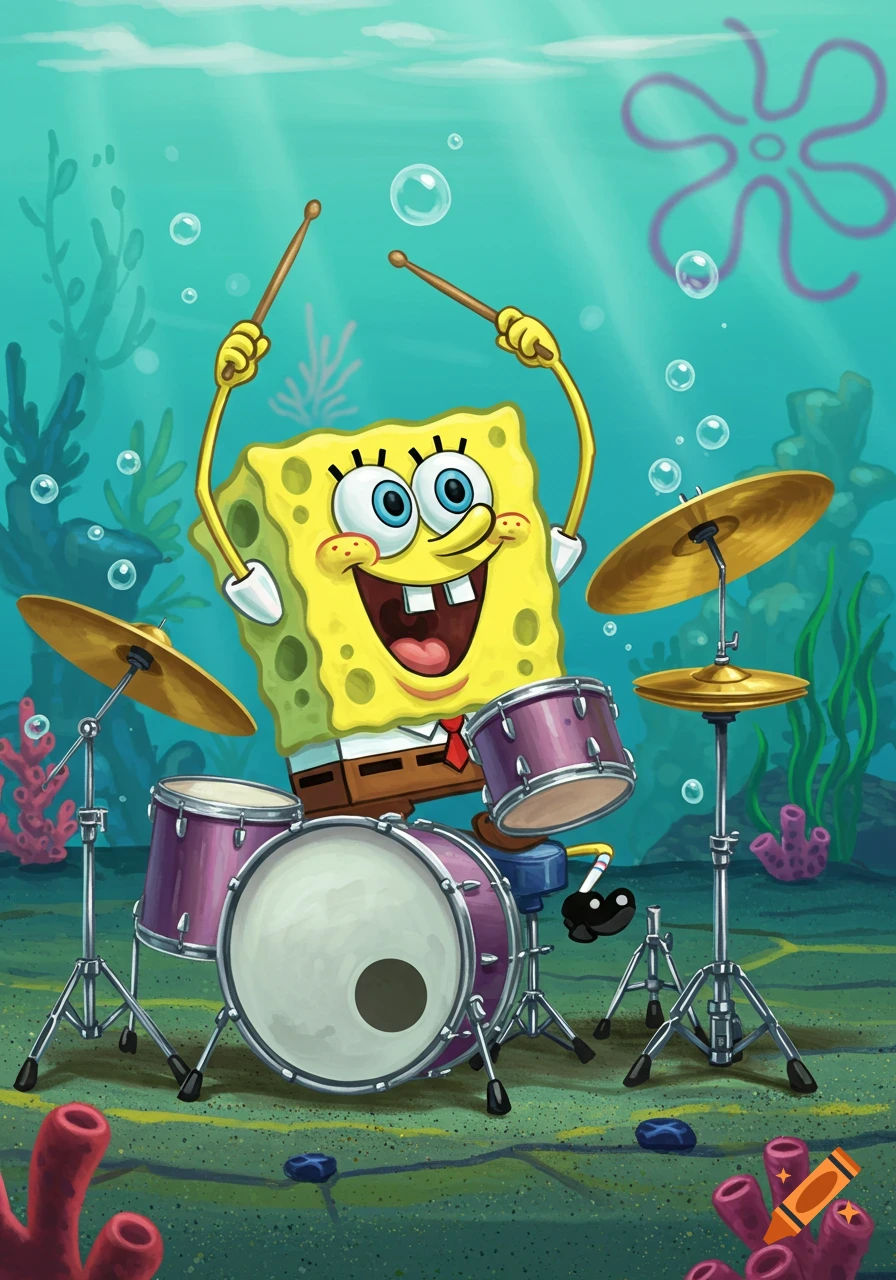 SpongeBob SquarePants plays a red drum kit with drumsticks underwater ...