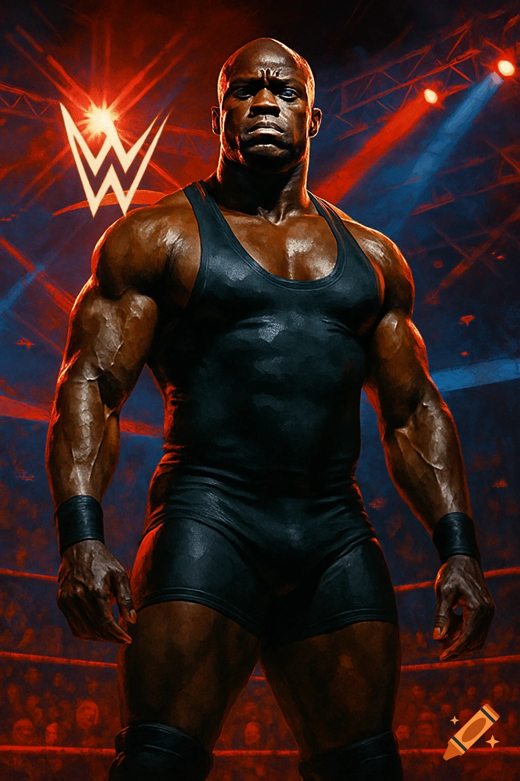 WWE logo on a large screen above a wrestling stage ramp with red lights ...