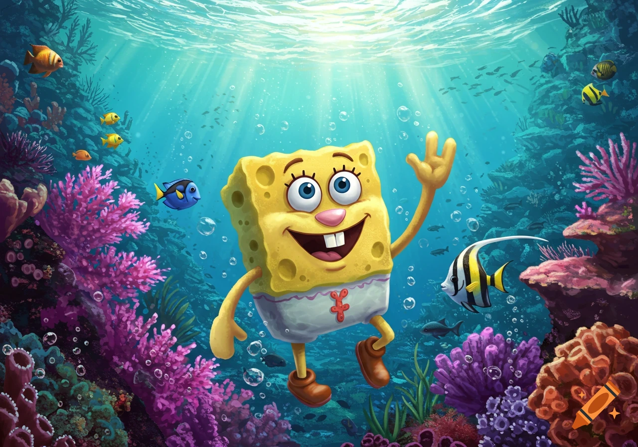 A happy, cartoonish, orange-nosed sponge character in blue shorts and ...