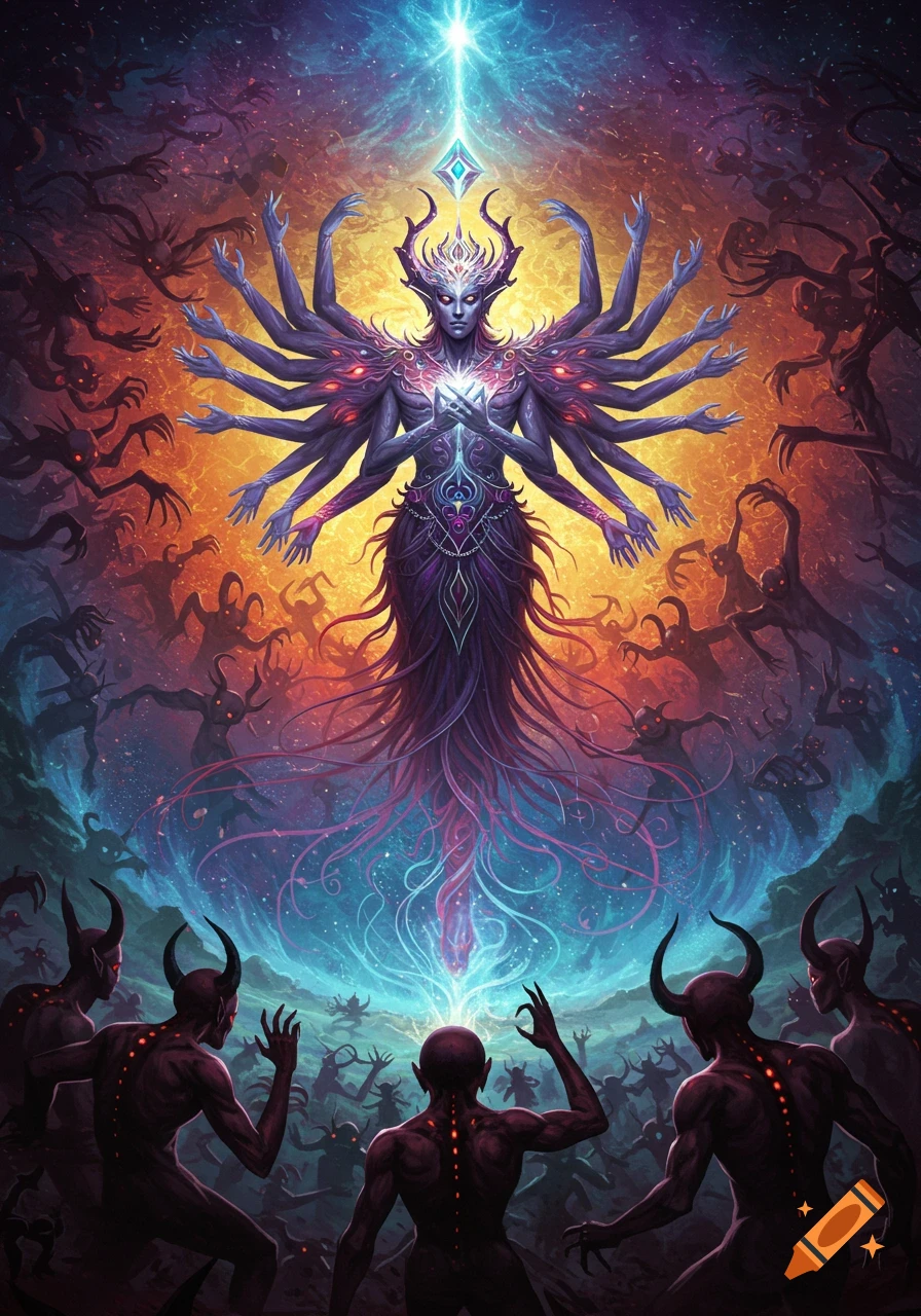 A multi-armed ethereal deity with glowing eyes and purple robes faces a ...