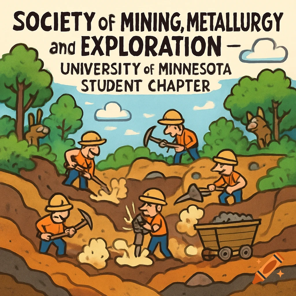 Cartoon illustration of miners working in a pit, surrounded by nature, with text reading ...