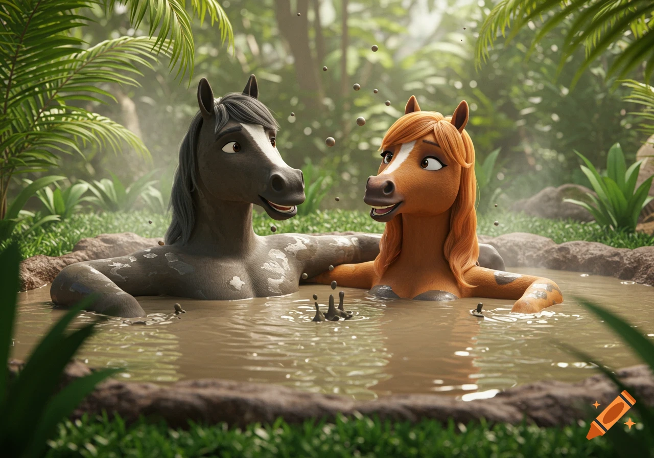 Two anthropomorphic horses, one grey and one brown, relax happily in a mud hot tub in a lush ...
