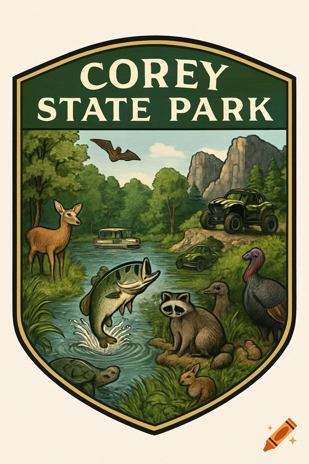 An illustrative shield logo for Corey State Park, depicting a forest ...