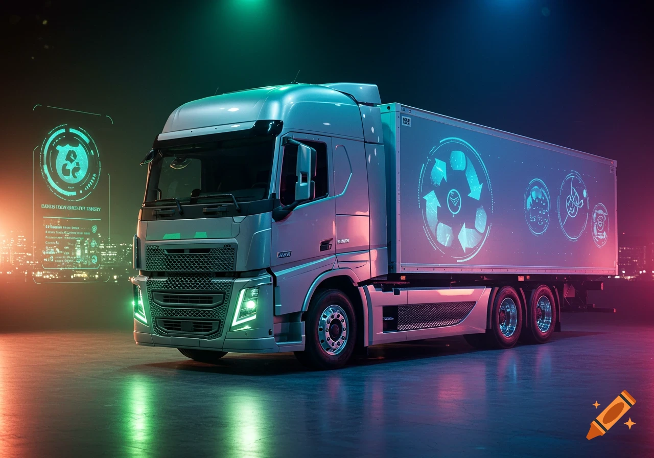 Modern silver semi-truck speeding on a highway at sunset with "1 DAY ...