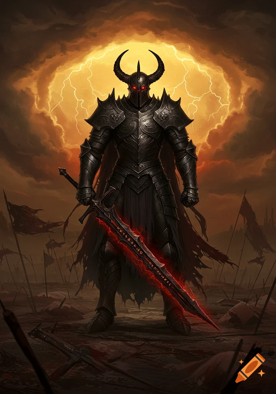 A heavily armored orc warrior with tusks stands in a ruined battlefield ...