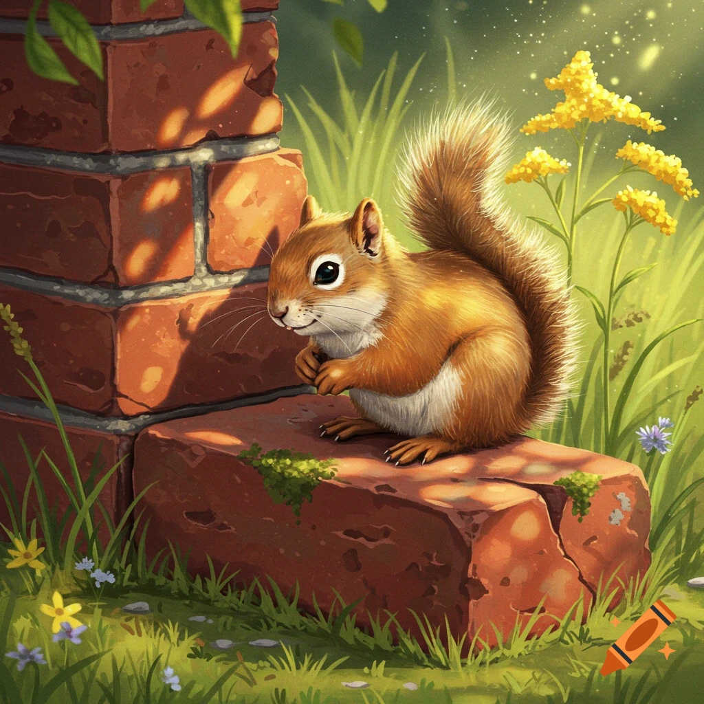A cute, stylized squirrel sitting on a brick next to a brick wall ...