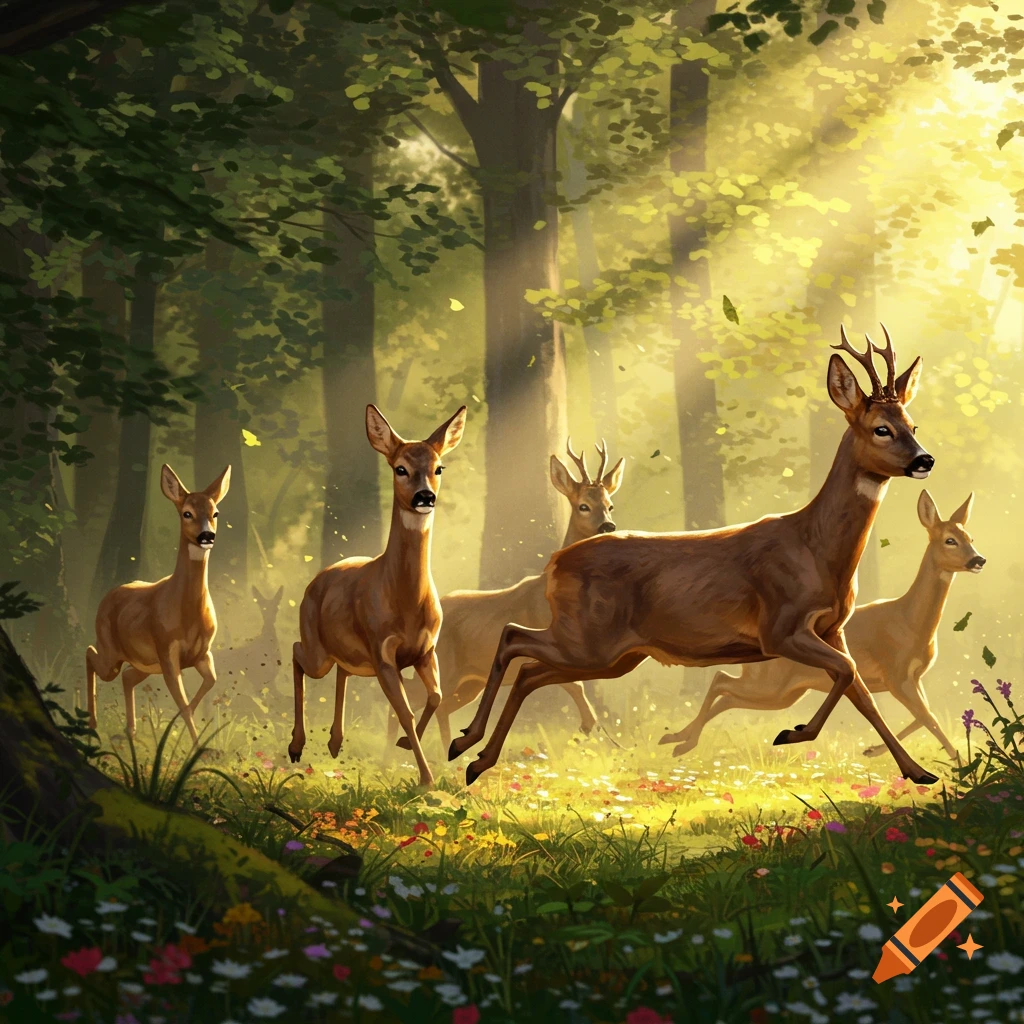 Digital painting of roe deer running through a sunlit forest clearing ...