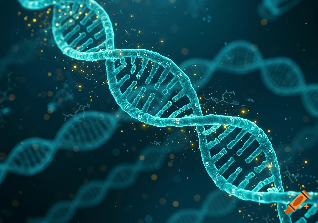 A forest green banner featuring glowing green chemical structures, DNA ...