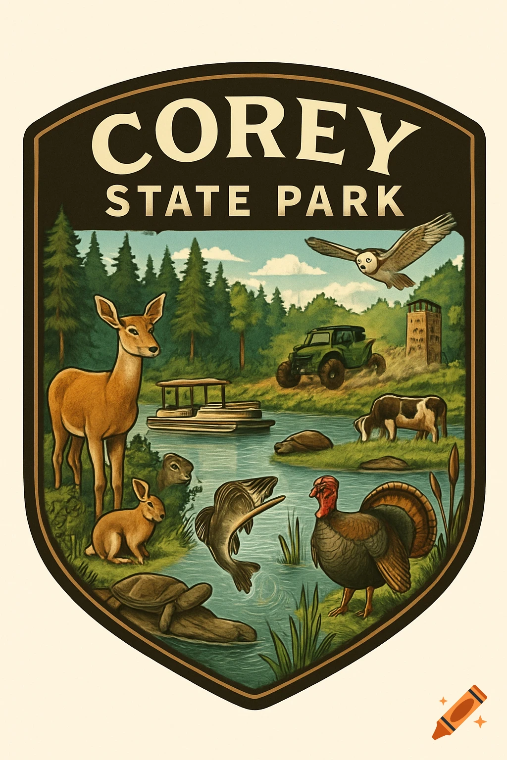 An ornate shield logo for Corey State Park, depicting a forest, pond ...