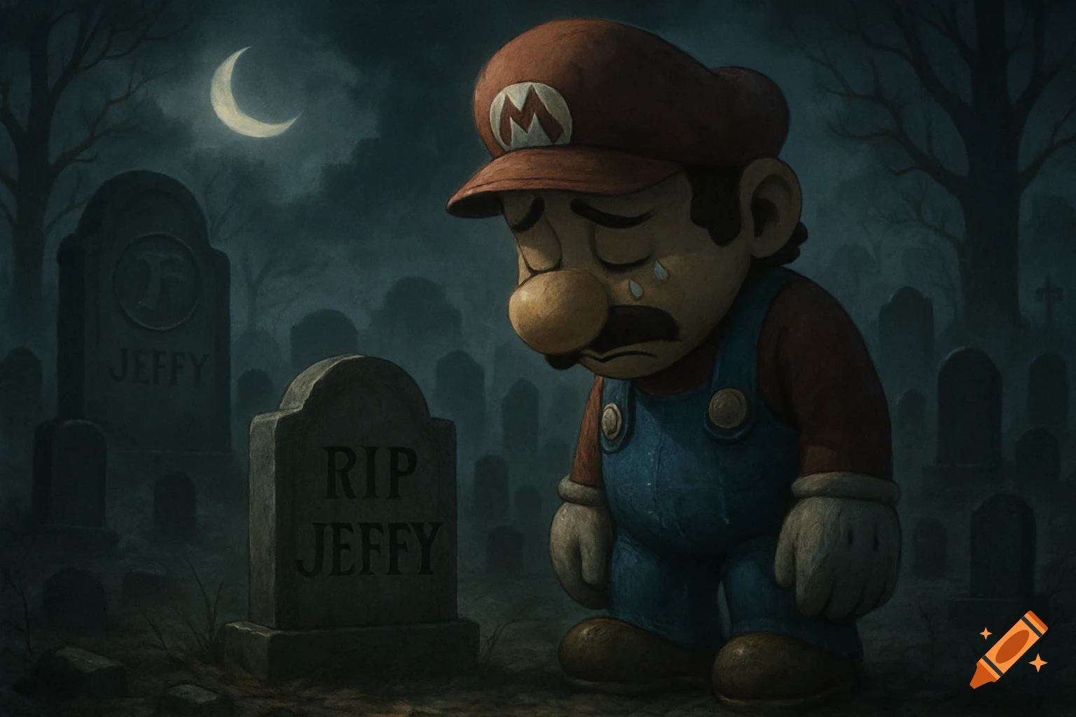 Cursed Mario with glowing red eyes, bloody mouth, and thorny vines in a ...