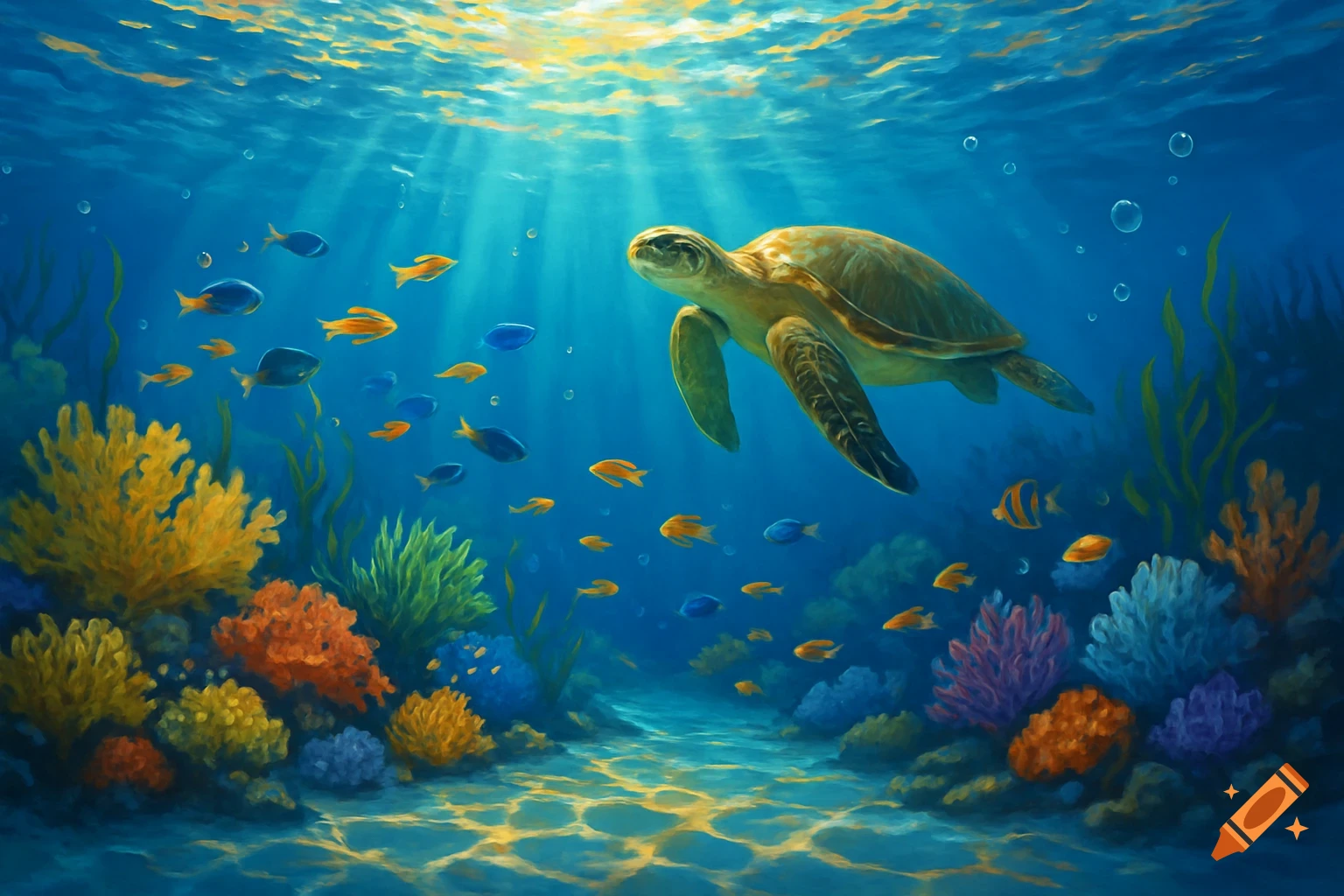 A clown fish with human legs and arms stands on the ocean floor among ...