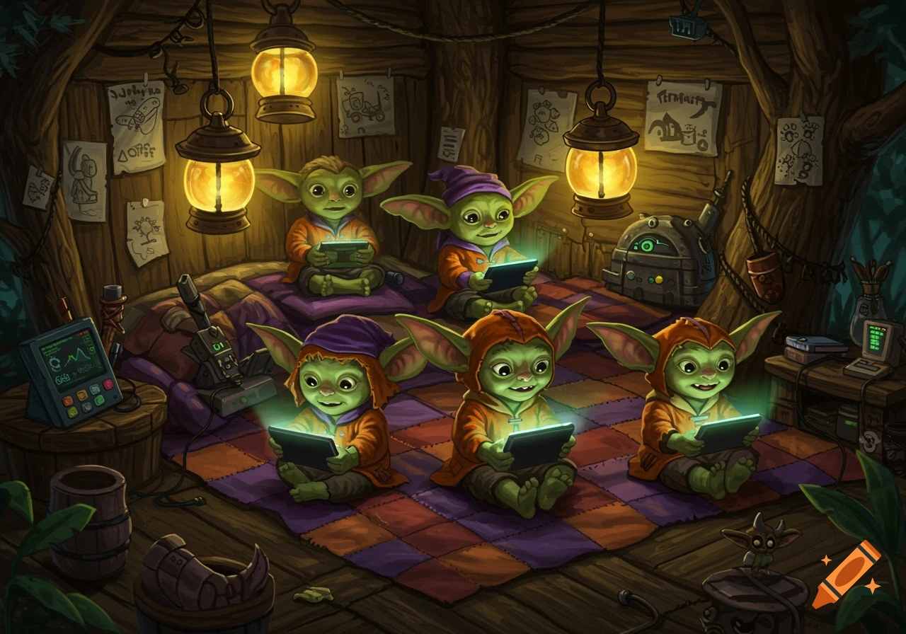 A cartoon green gremlin chef with big red eyes stands in a rustic ...