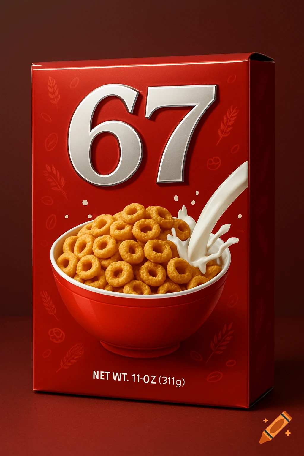 A photorealistic red cereal box featuring large silver numbers '67', a ...