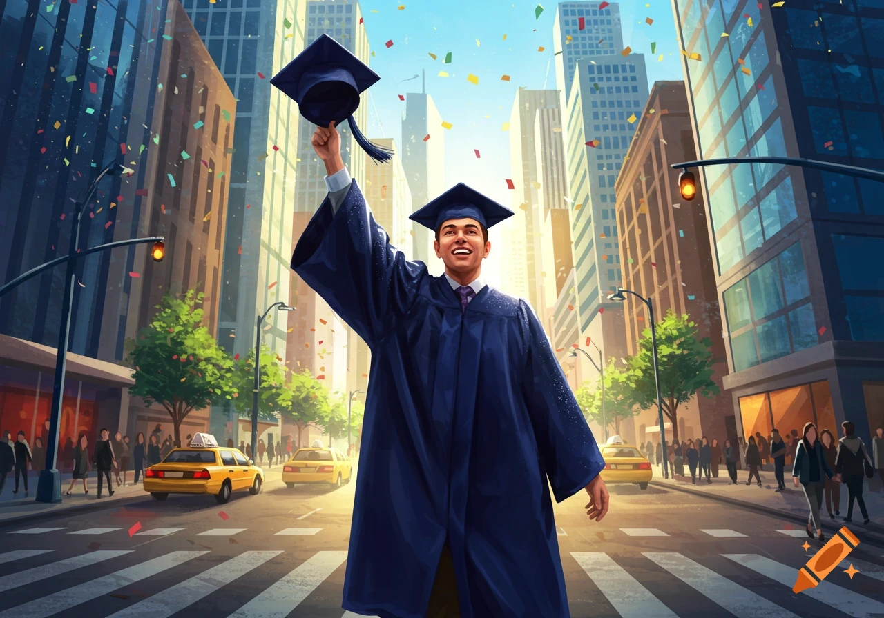 A graduate in cap and gown stands with arms raised, holding a diploma ...