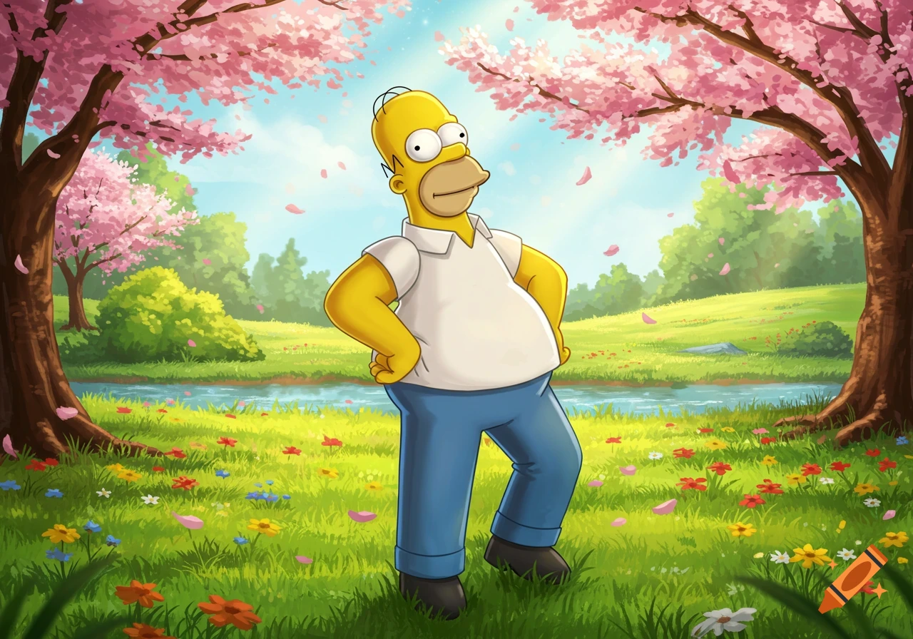 Homer Simpson stands smiling in a lush, vibrant cherry blossom park ...