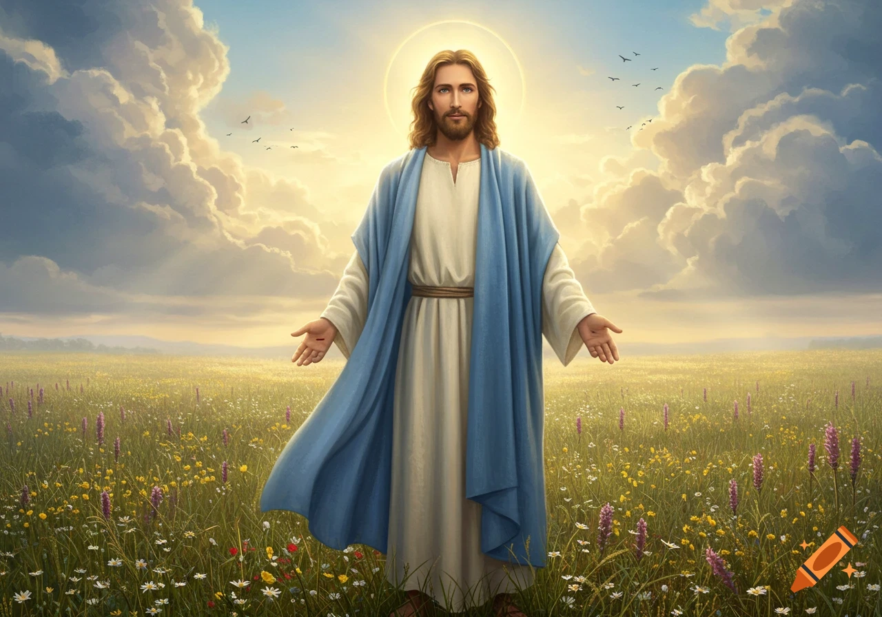 Jesus Christ, with a halo and flowing robes, holds a miniature house in his hands above a field ...