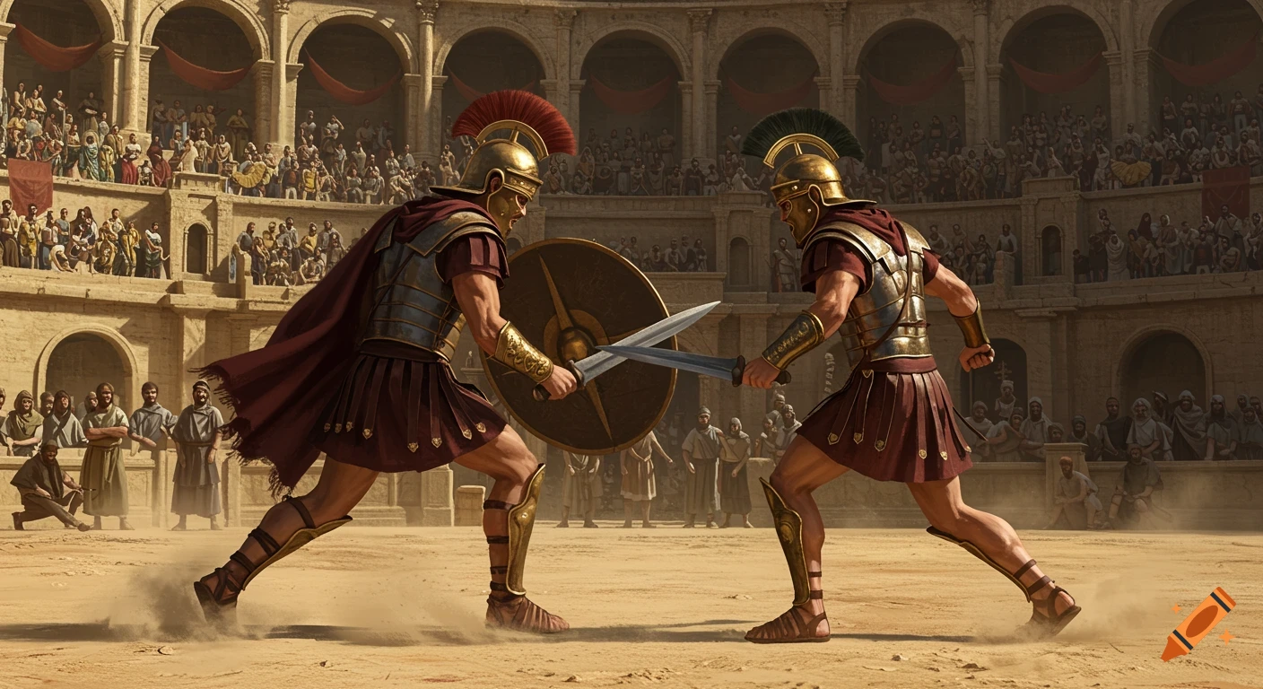 A Roman soldier in armor stands amidst ancient ruins under a golden sky ...