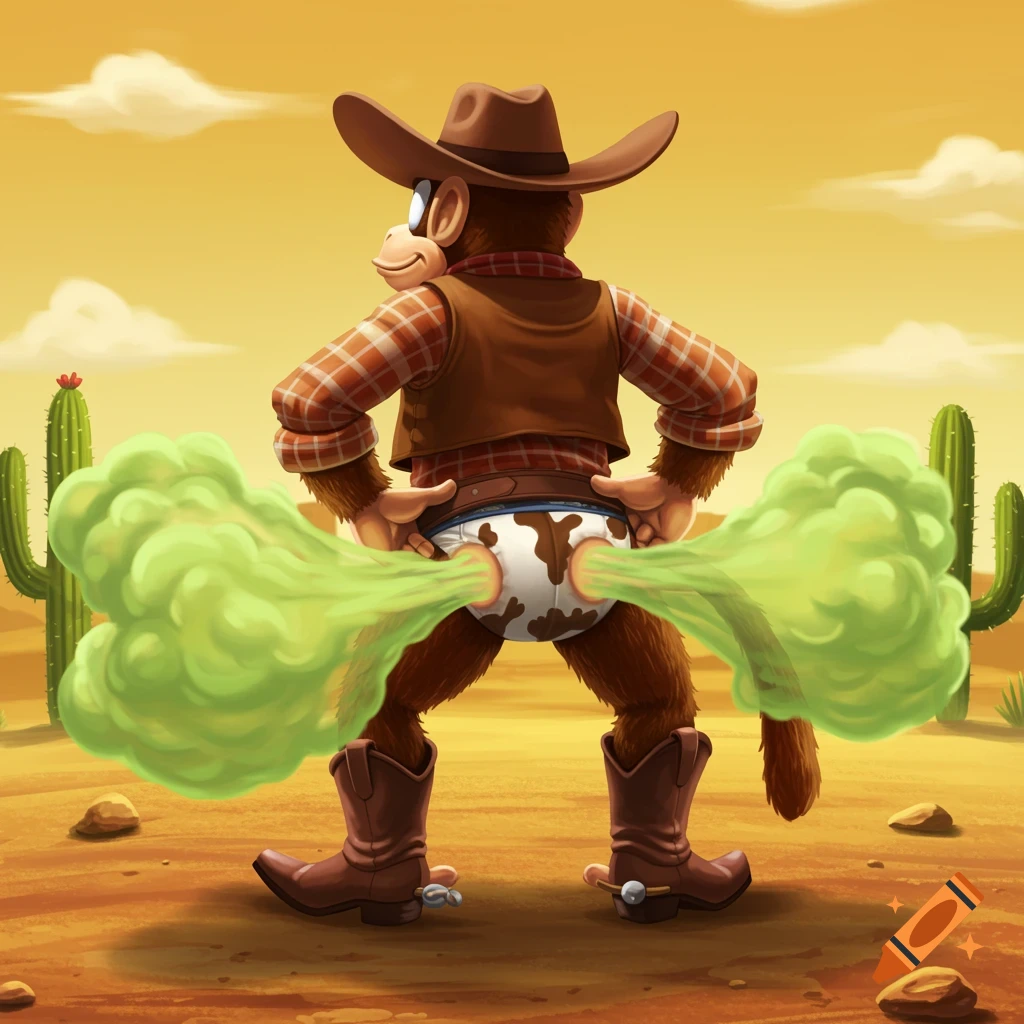 Cartoon Diddy Kong, seen from behind with hands on hips, farting green ...