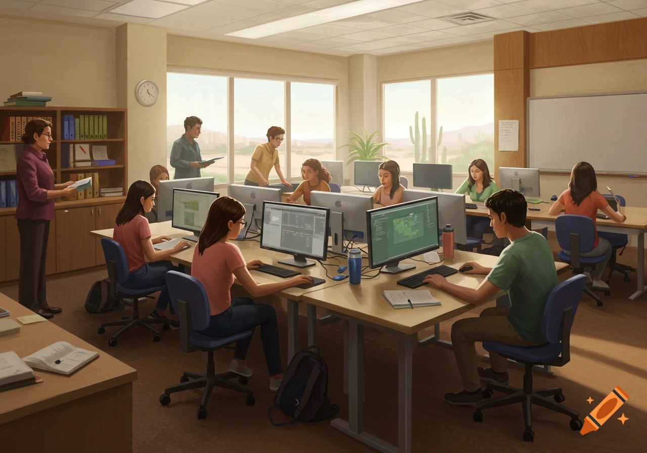 An illustrative digital art depicting diverse college students working ...