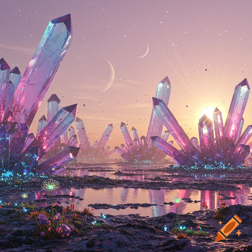 Vibrant alien planet with towering purple and blue crystals, two moons ...