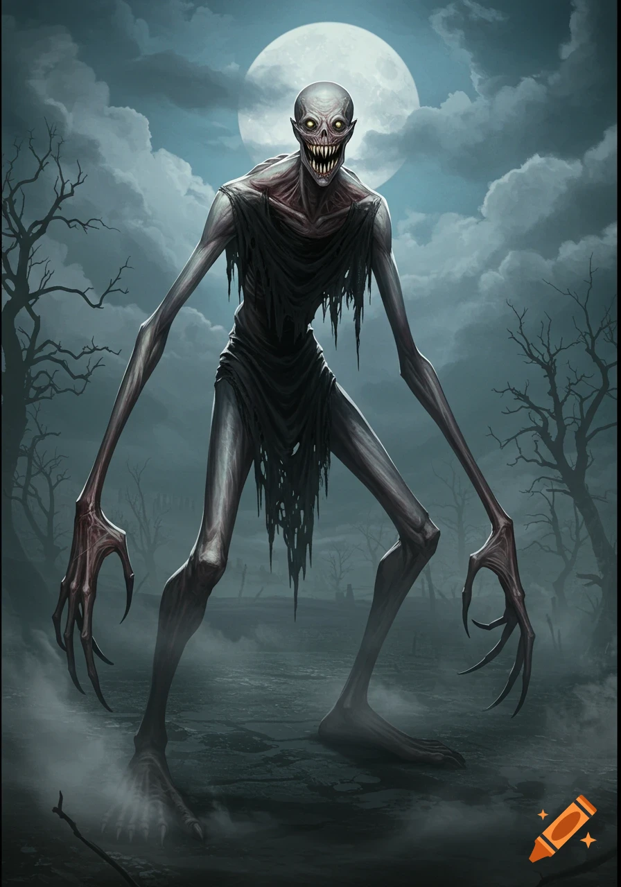 An eerie, gaunt monster with long black hair, glowing eyes, and sharp ...
