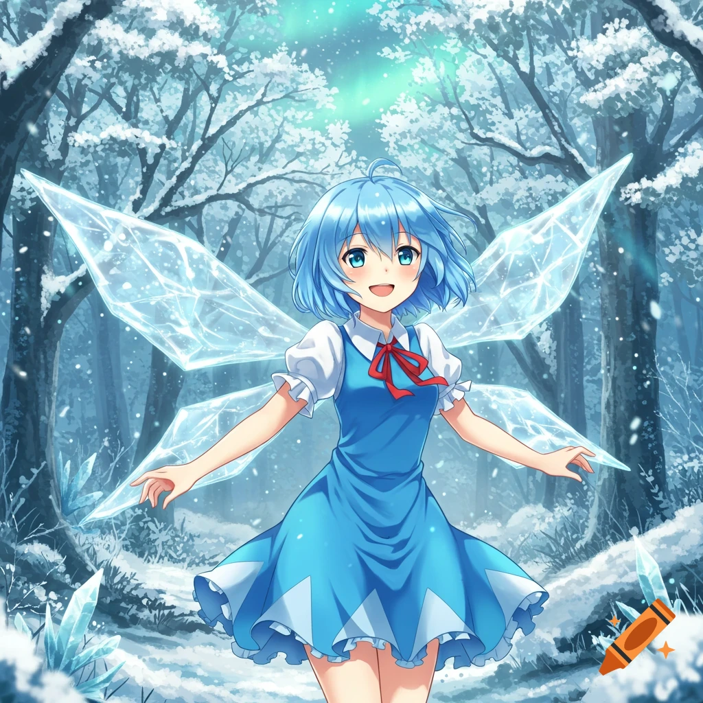 An anime girl with blue hair and ice wings stands on an ice floe in a ...