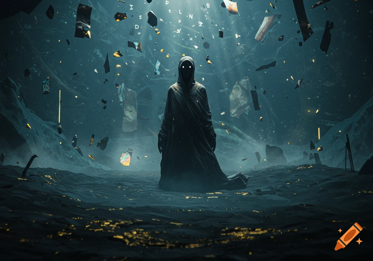 Rainbow-colored terracotta warriors stand in a dark, misty underground ...