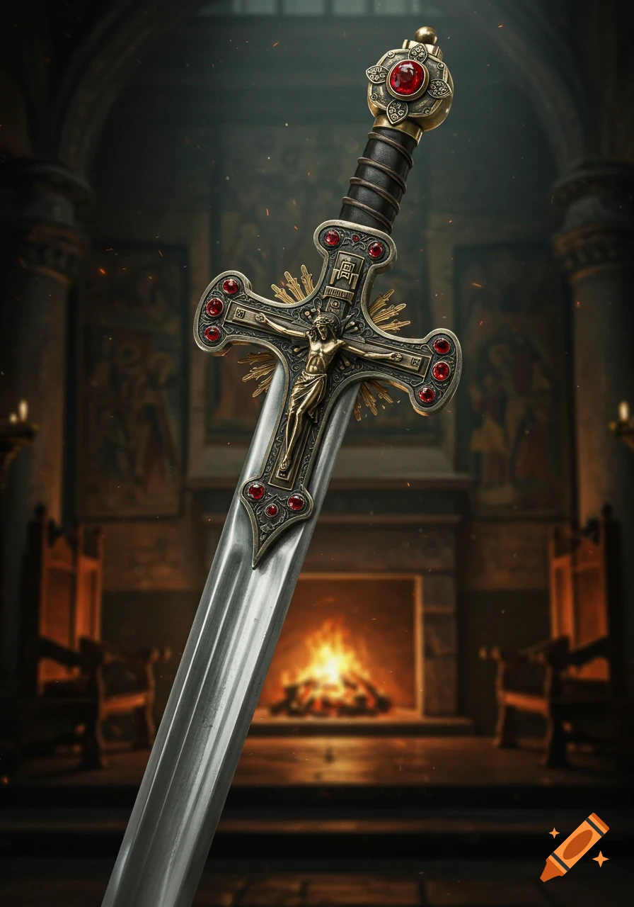 A detailed sword lies on a wooden floor in a grand, sunlit medieval ...