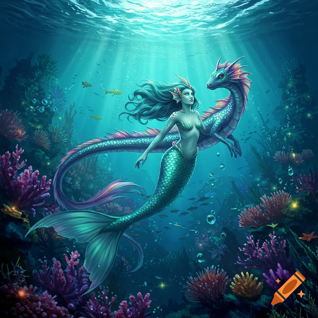 A beautiful mermaid with blue hair and a teal tail swims in a vibrant ...