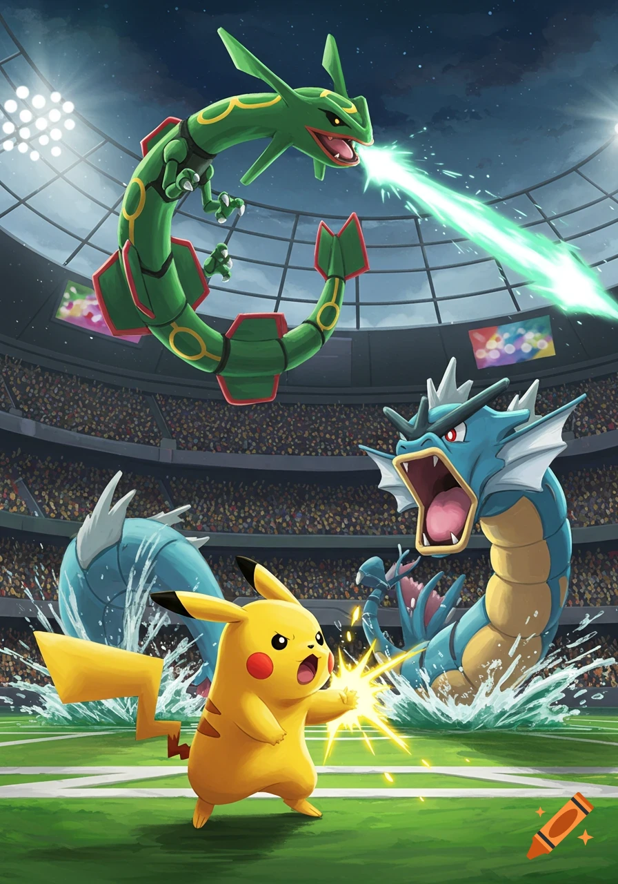 Pikachu uses an electric attack against a roaring Gyarados, while a ...