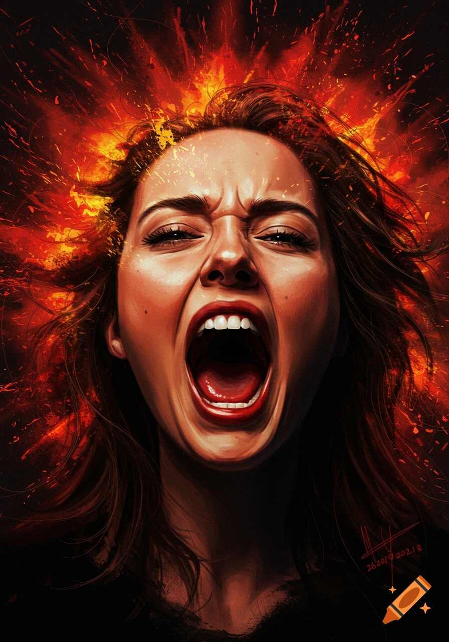 Close-up digital art portrait of a woman screaming with a fiery ...