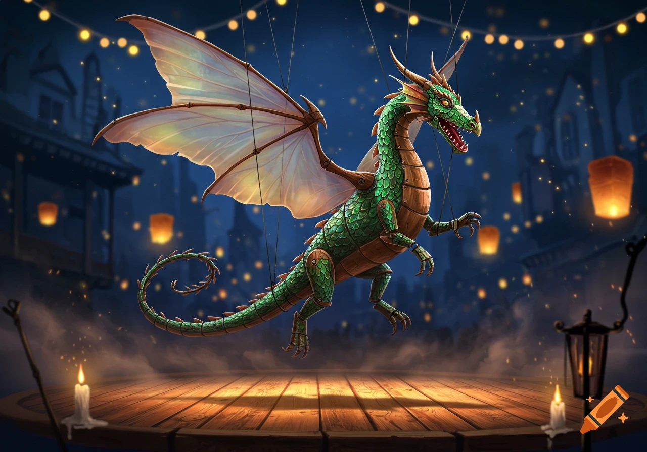 A vibrant green dragon puppet with large wings hangs by strings over a ...