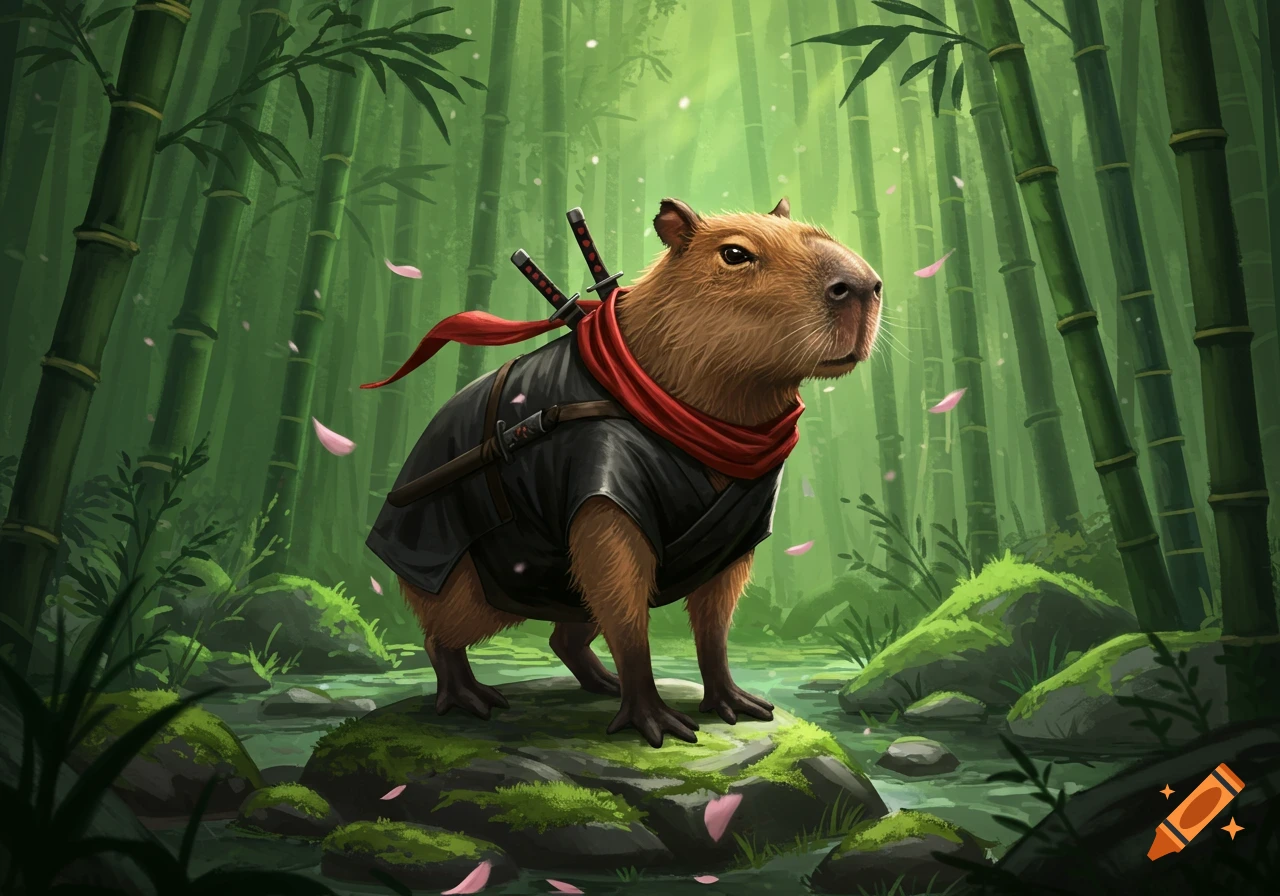 A capybara dressed as a ninja, wearing a black tunic, red scarf, and ...