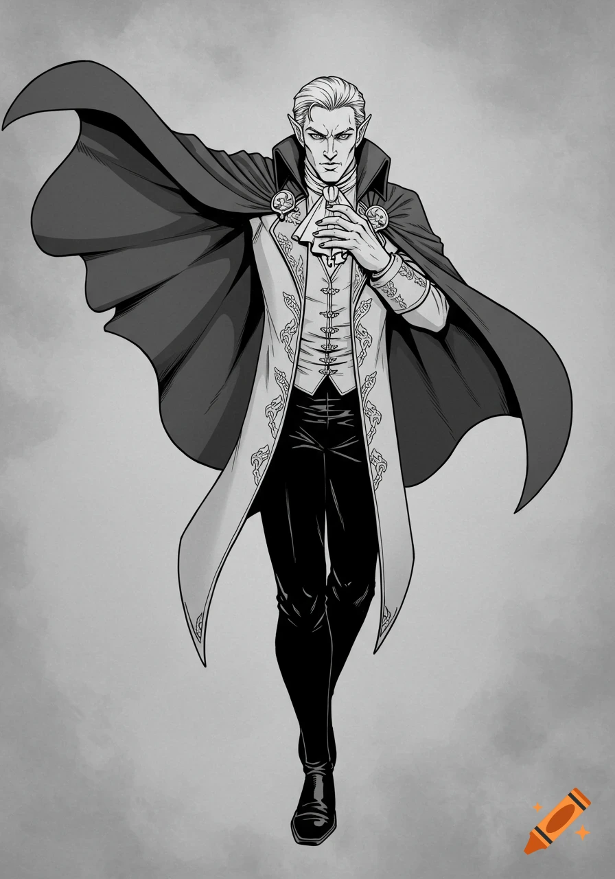 A full-body illustration of a pale-skinned male vampire with pointed ...
