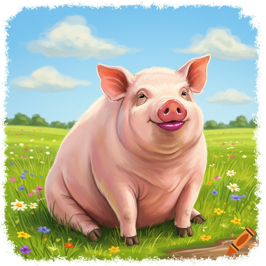 A cute pink pig with green robotic back legs stands in a sunny field of ...