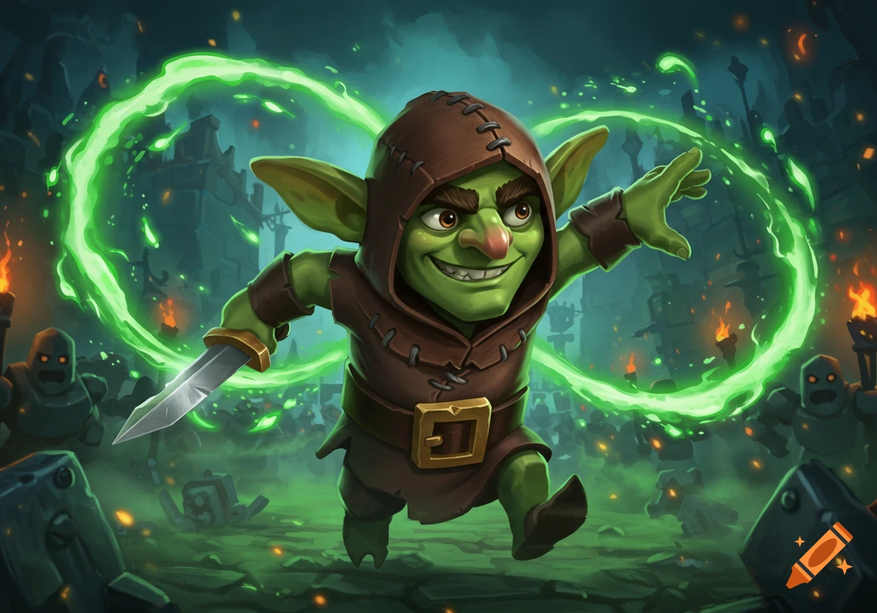 A grinning green goblin with large ears runs through a burning village ...