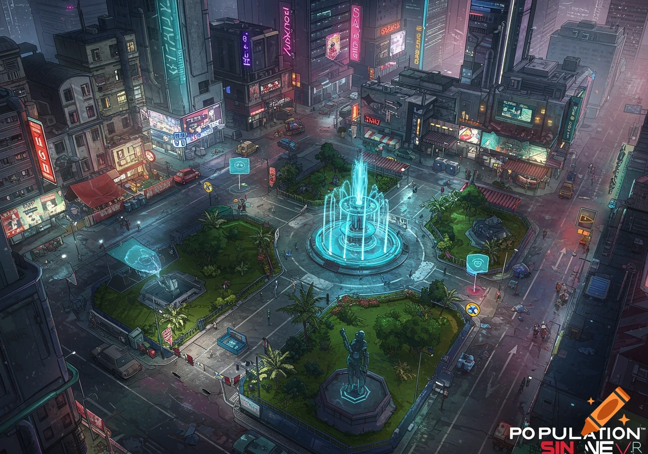 An isometric view of a futuristic cyberpunk city with neon signs and a ...