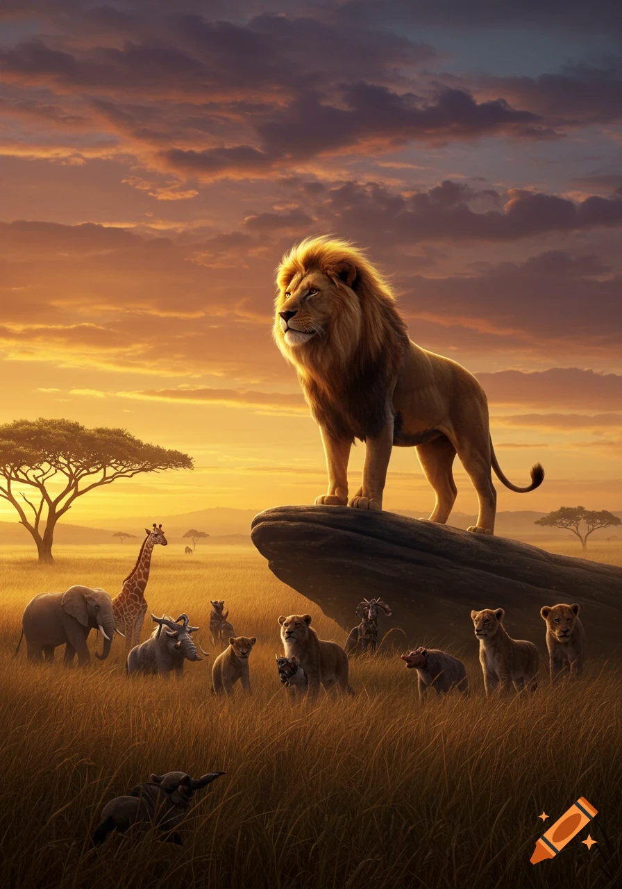 A wolf, lamb, lion, and snake peacefully coexist in a sunny, green ...