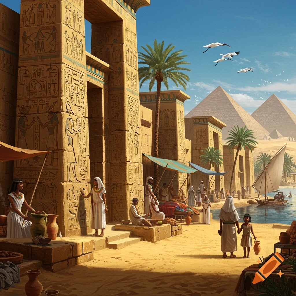 A bustling ancient Egyptian market with people, temples with ...
