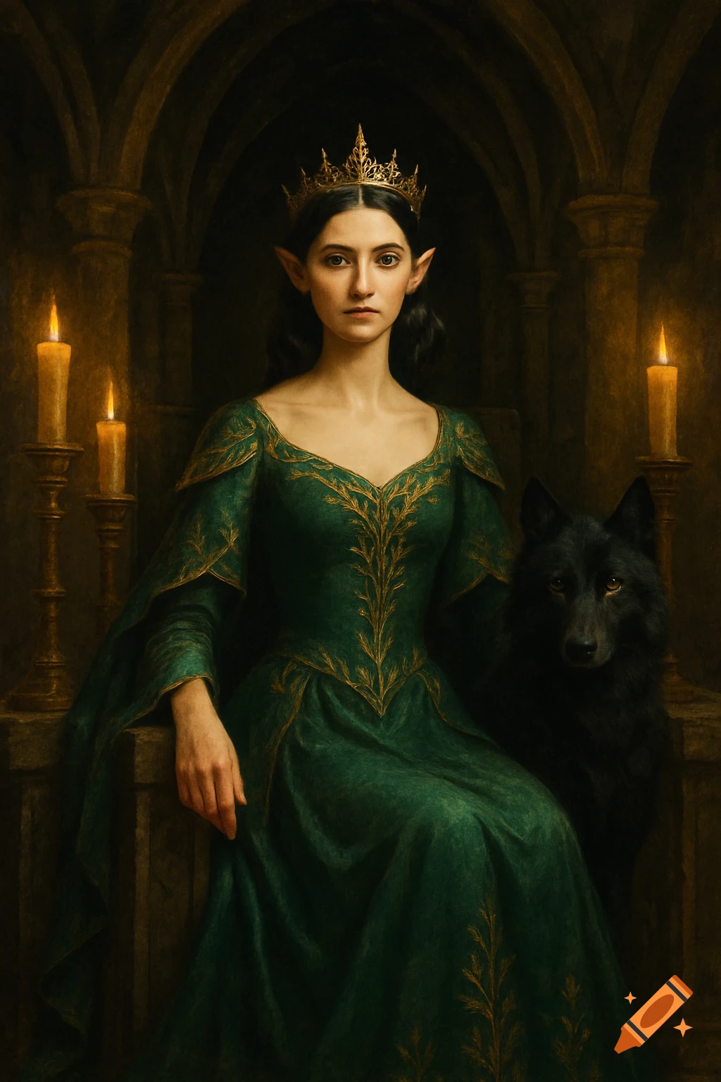 A barefoot young woman with a flower crown in a green and brown dress ...