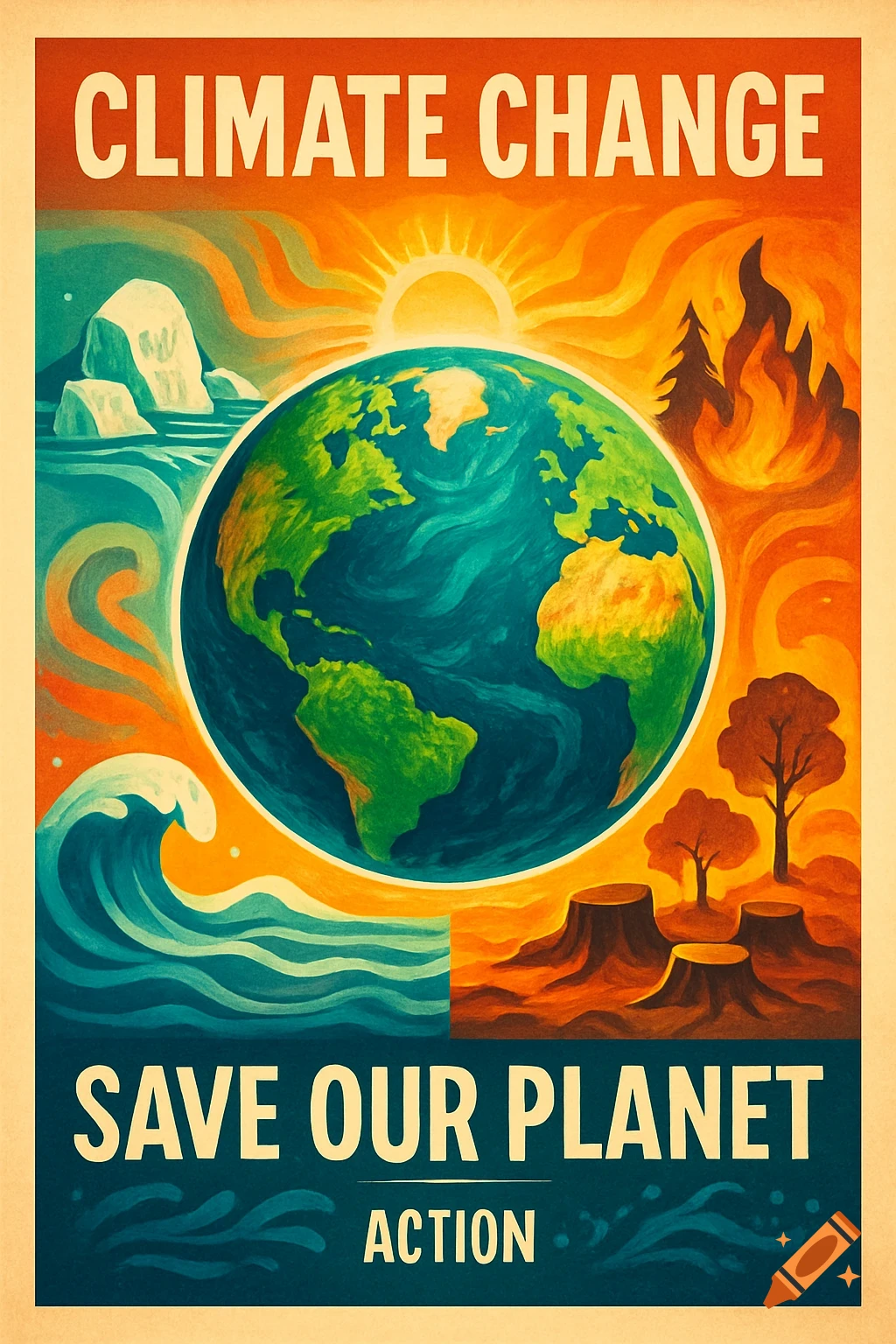 Vibrant poster with a globe, melting ice, waves, burning forests, and ...
