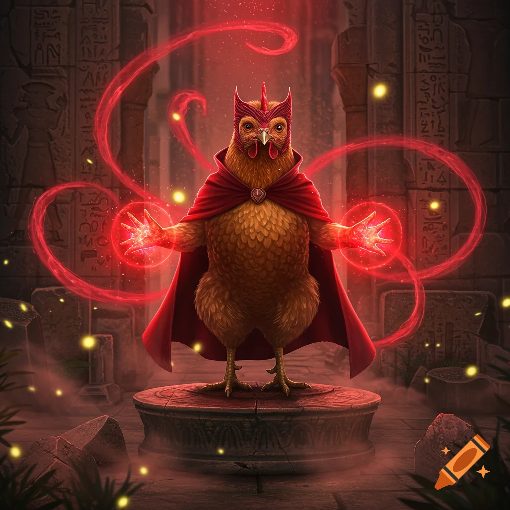A chicken dressed as the Scarlet Witch, wearing a red cape and ...